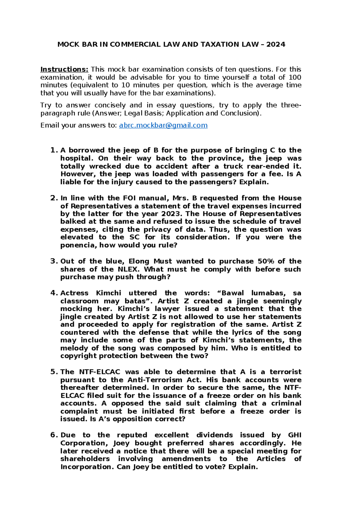 MOCK BAR IN Commercial LAW 2024 - MOCK BAR IN COMMERCIAL LAW AND ...