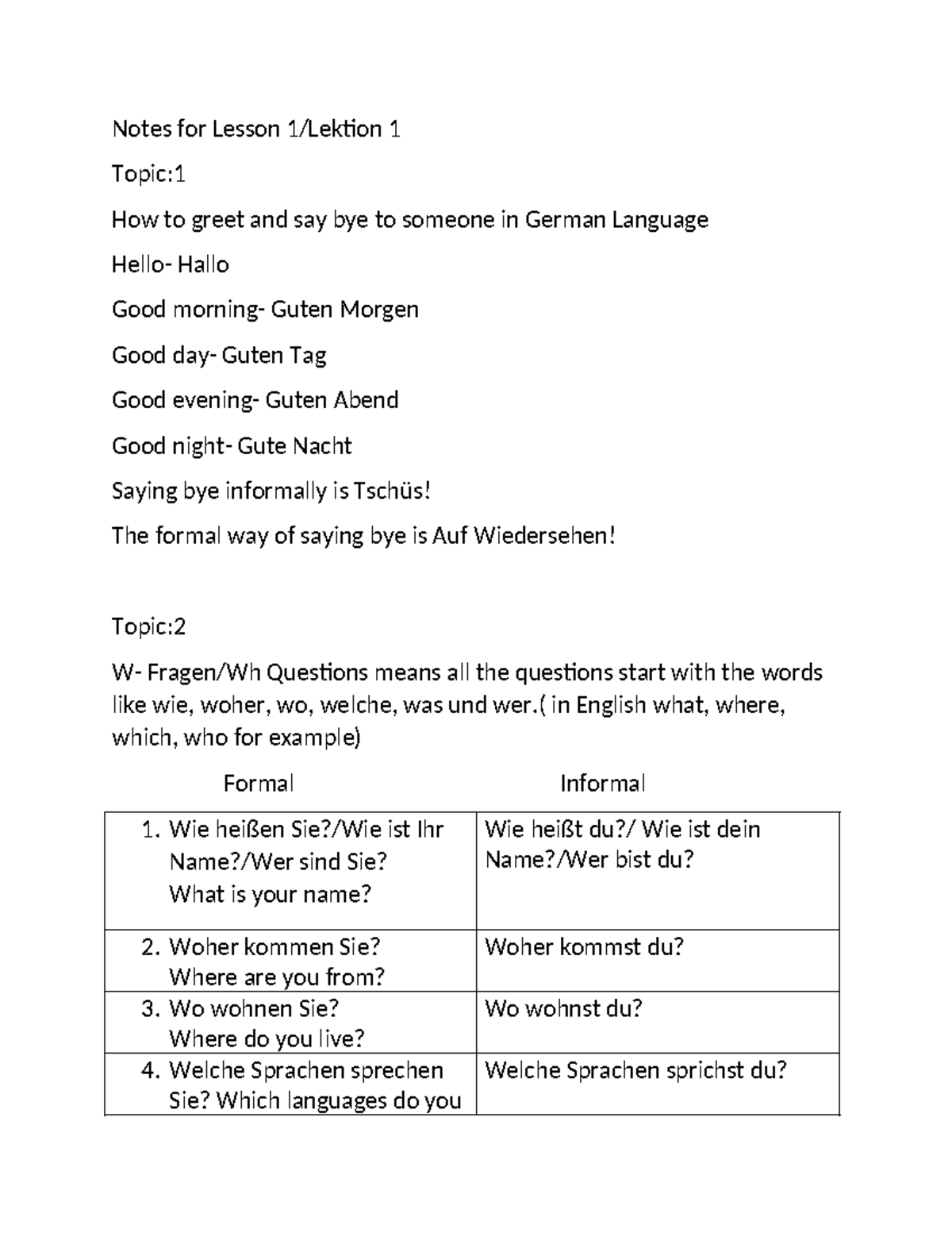 Lesson 1 Notes - Notes for Lesson 1/Lektion 1 Topic: How to greet and ...