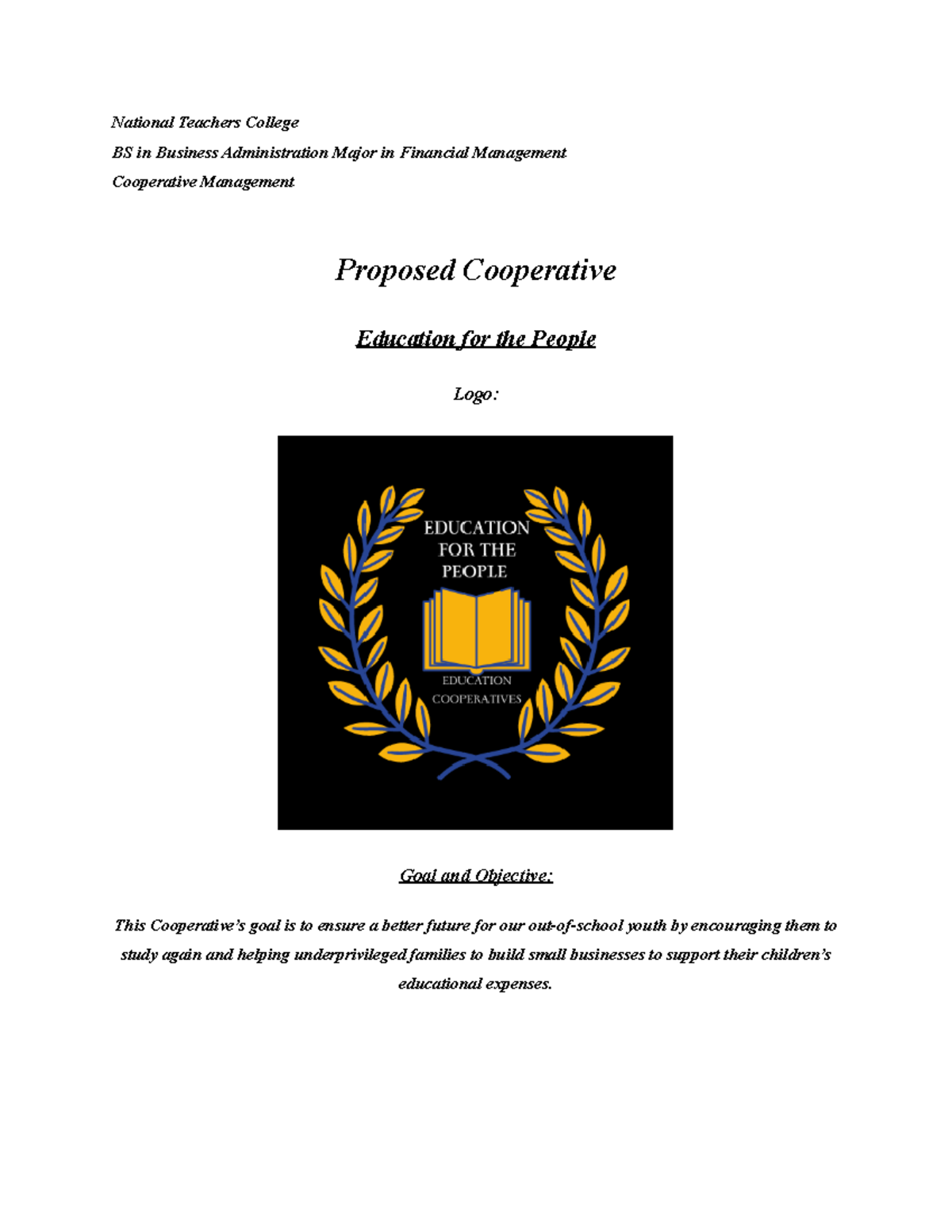 Proposed Cooperative Cooperative Management - National Teachers College ...