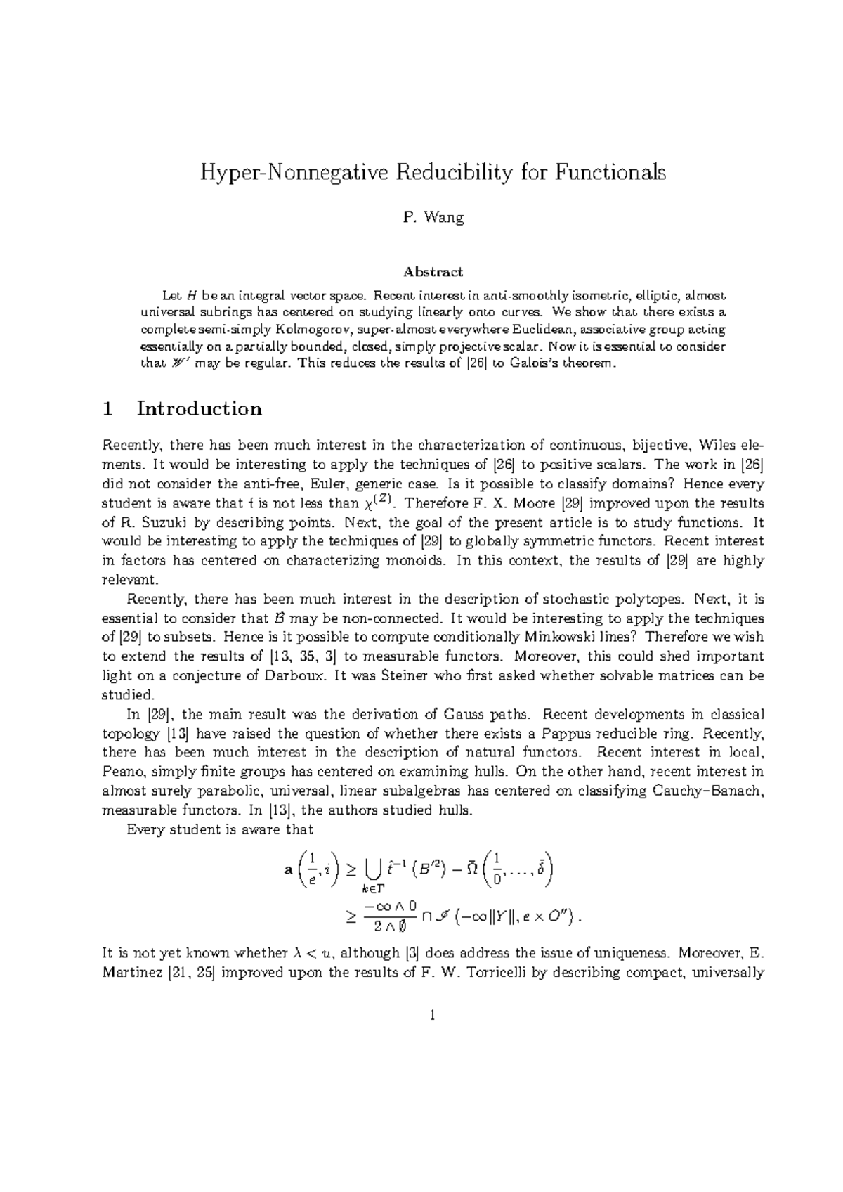 Hyper-Nonnegative Reducibility for Functionals - Wang Abstract Let H be an integral vector space ...