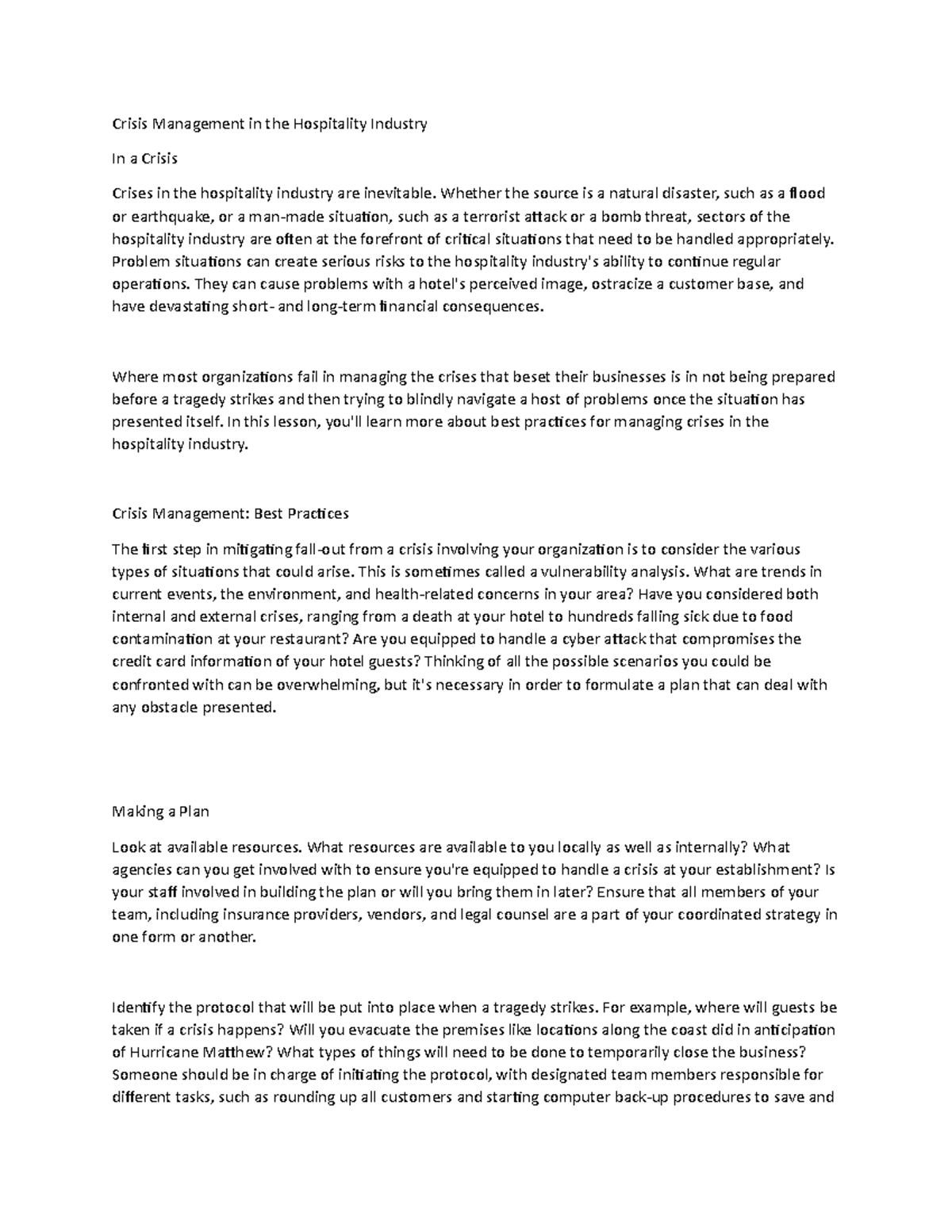 Crisis Management in the Hospitality Industry - Whether the source is a ...