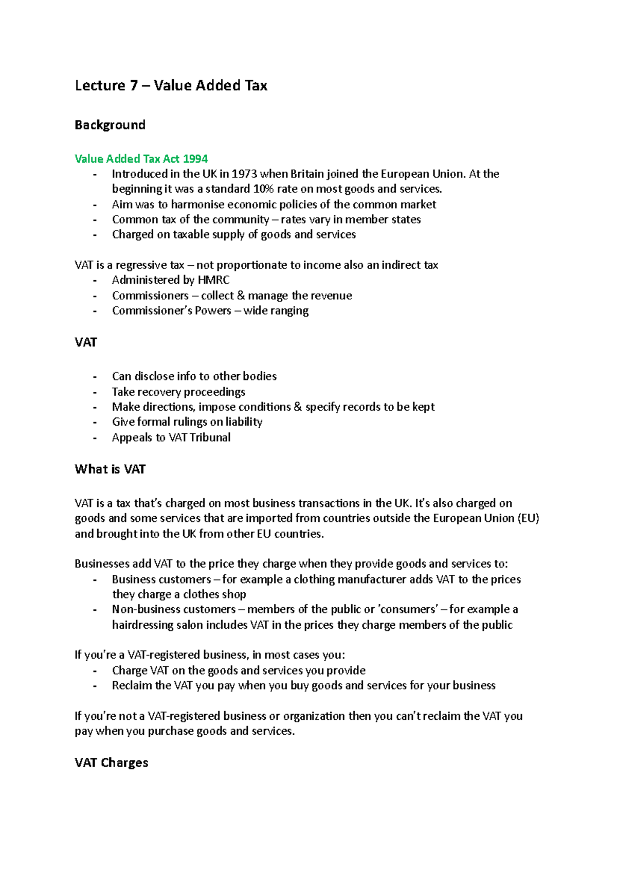 L7 - VAT - Lecture notes 7 - Lecture 7 – Value Added Tax Background ...
