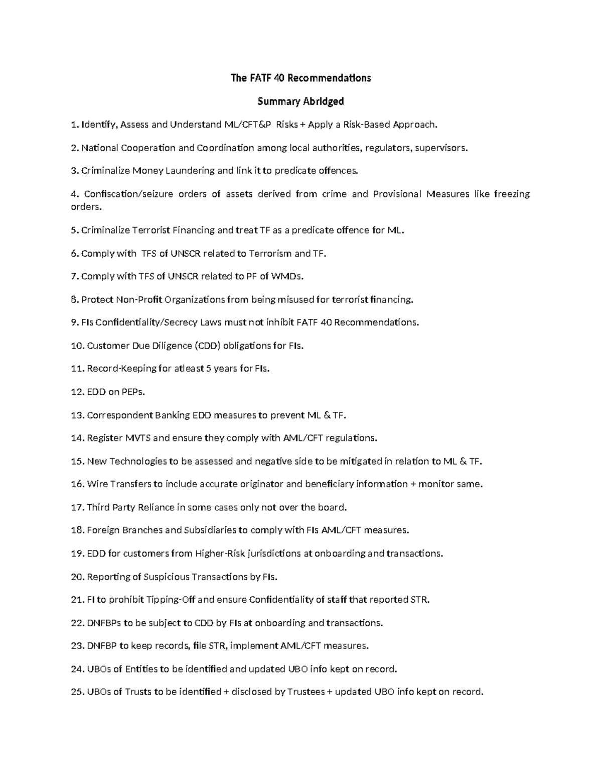 FATF 40 recommendations in a nutshell - The FATF 40 Recommendations ...