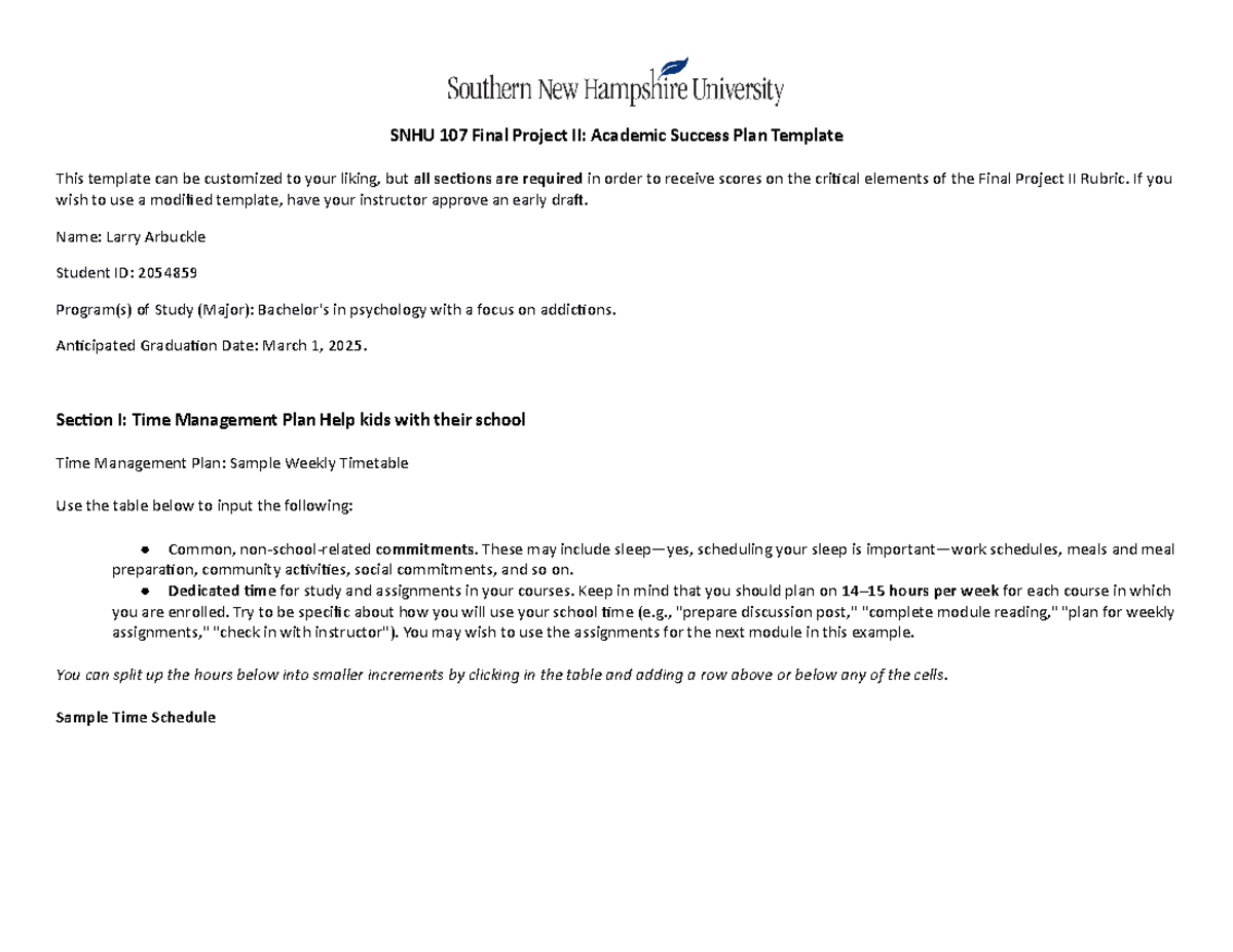 SNHU 107 Final Project - SNHU 107 Final Project II: Academic Success ...