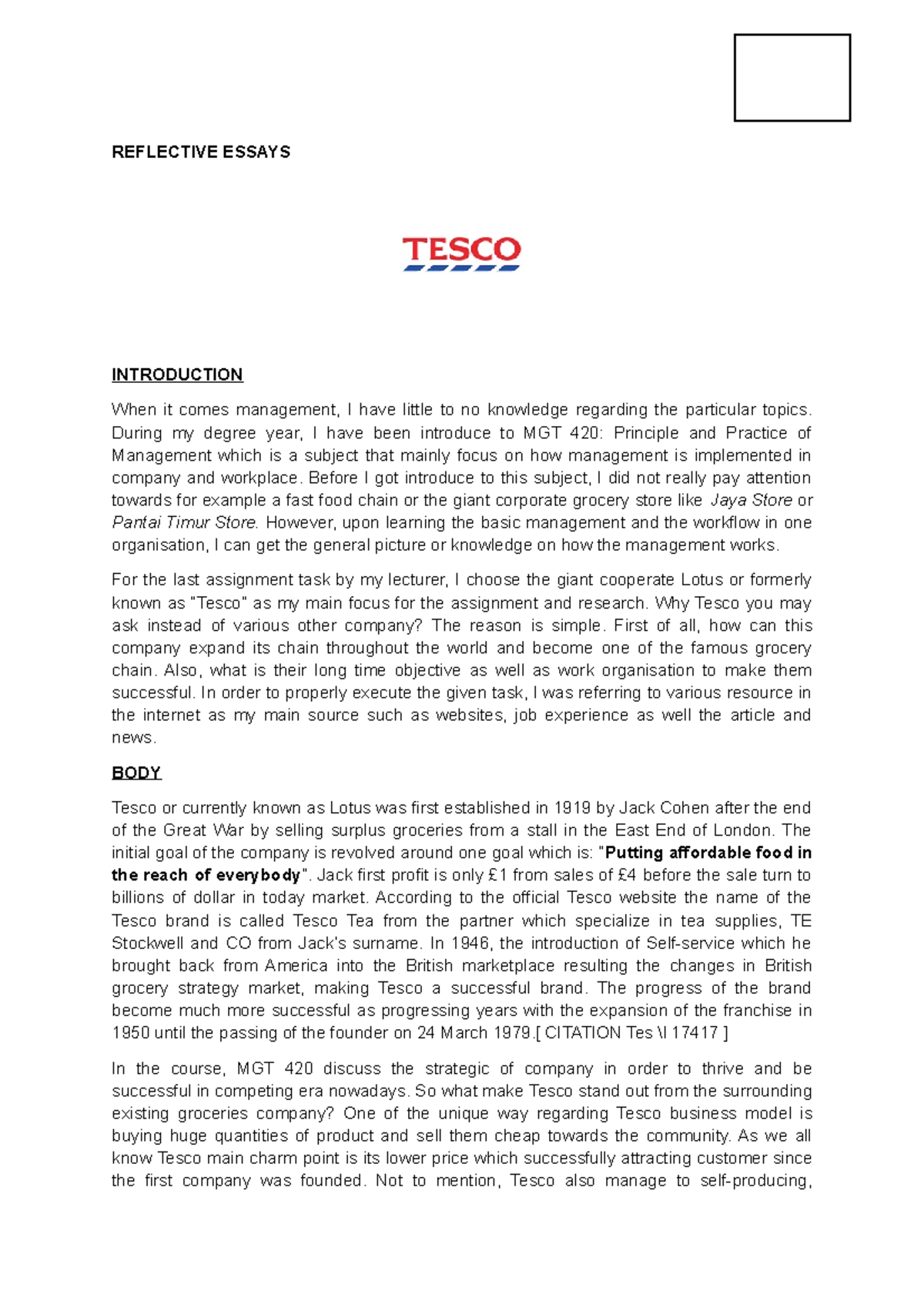 example of Reflection Essays - REFLECTIVE ESSAYS INTRODUCTION When it ...