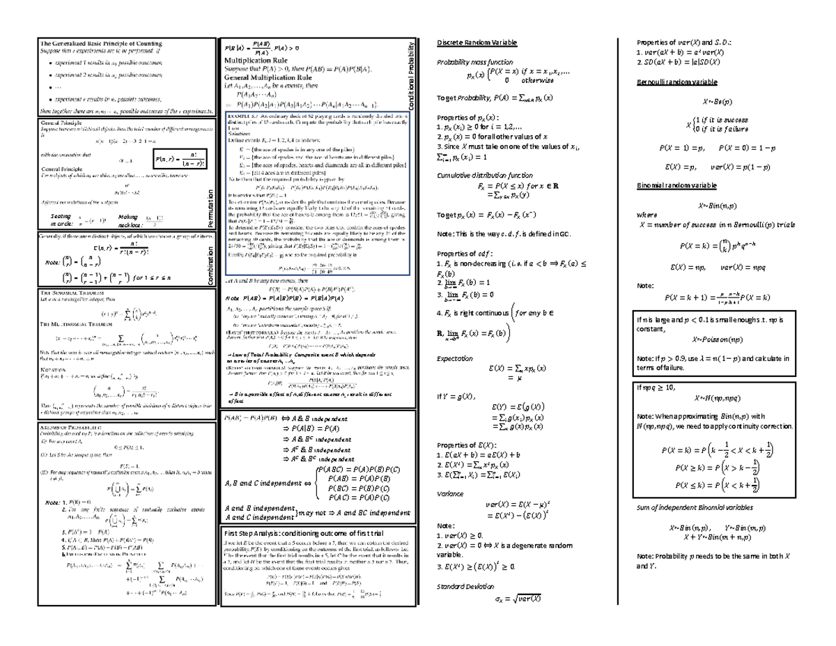 ST2131 Summary - Discrete Random Variable Probability mass function 𝑝 𝑋 ...