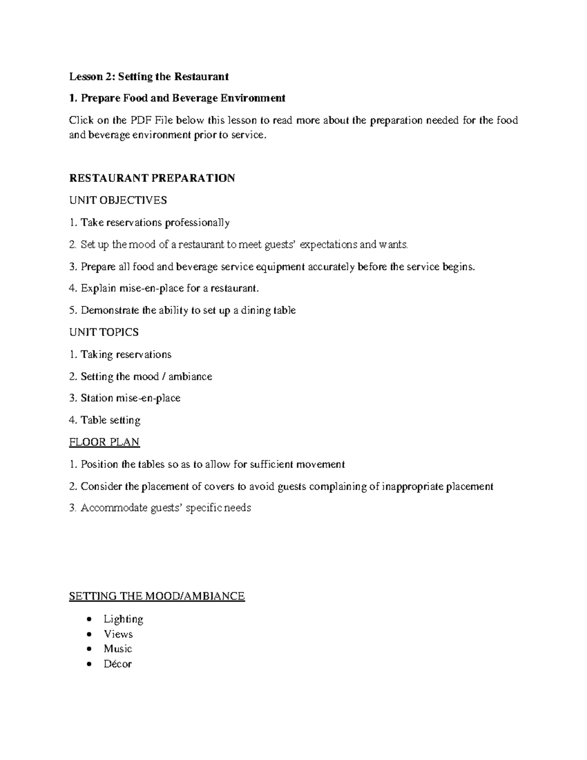 Setting the Restaurant - **Lesson 2: Setting the Restaurant Prepare ...