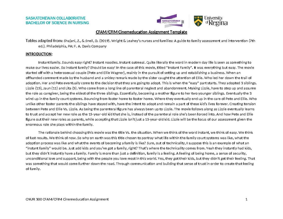 CFAM assignment - CFAM/CFIM Cinemeducation Assignment Template Tables ...