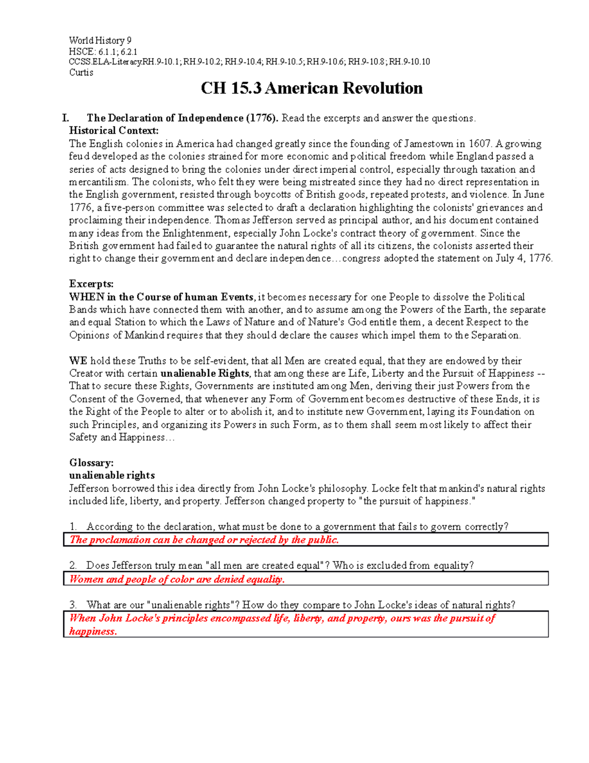 American Revolution - wkst - World History 9 HSCE: 6.1; 6. CCSS.ELA ...