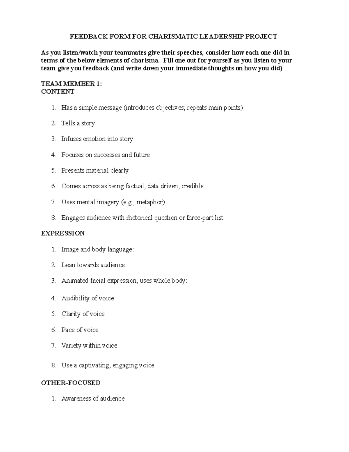 ISB Managing Teams Feedback FORM for Charisma Development Project team ...