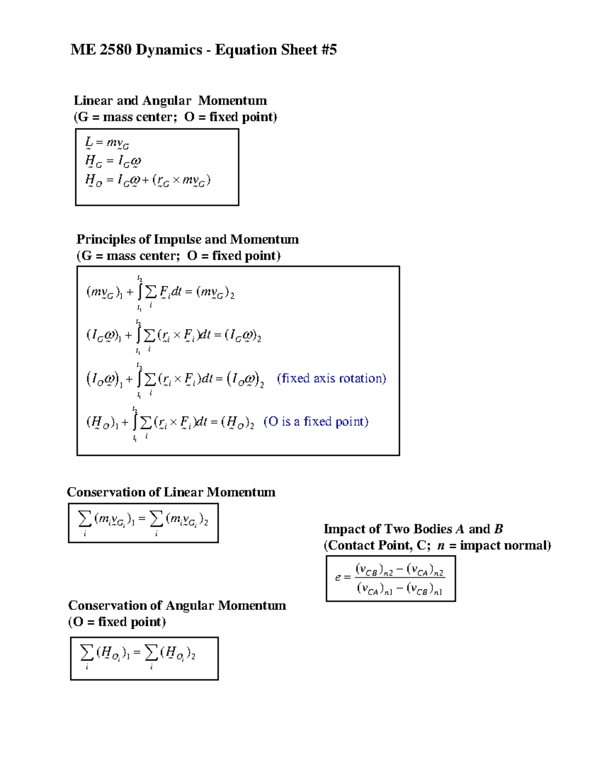ME258Equation Sheet 05 - ME 2580 Dynamics - Equation Sheet 2 1 12 ...