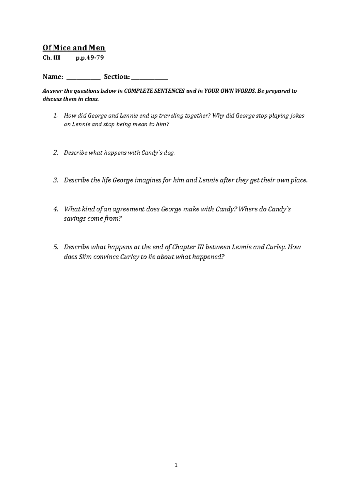 OMAM Ch III Questions 2020-2 - Of Mice and Men Ch. III p.p- Name ...
