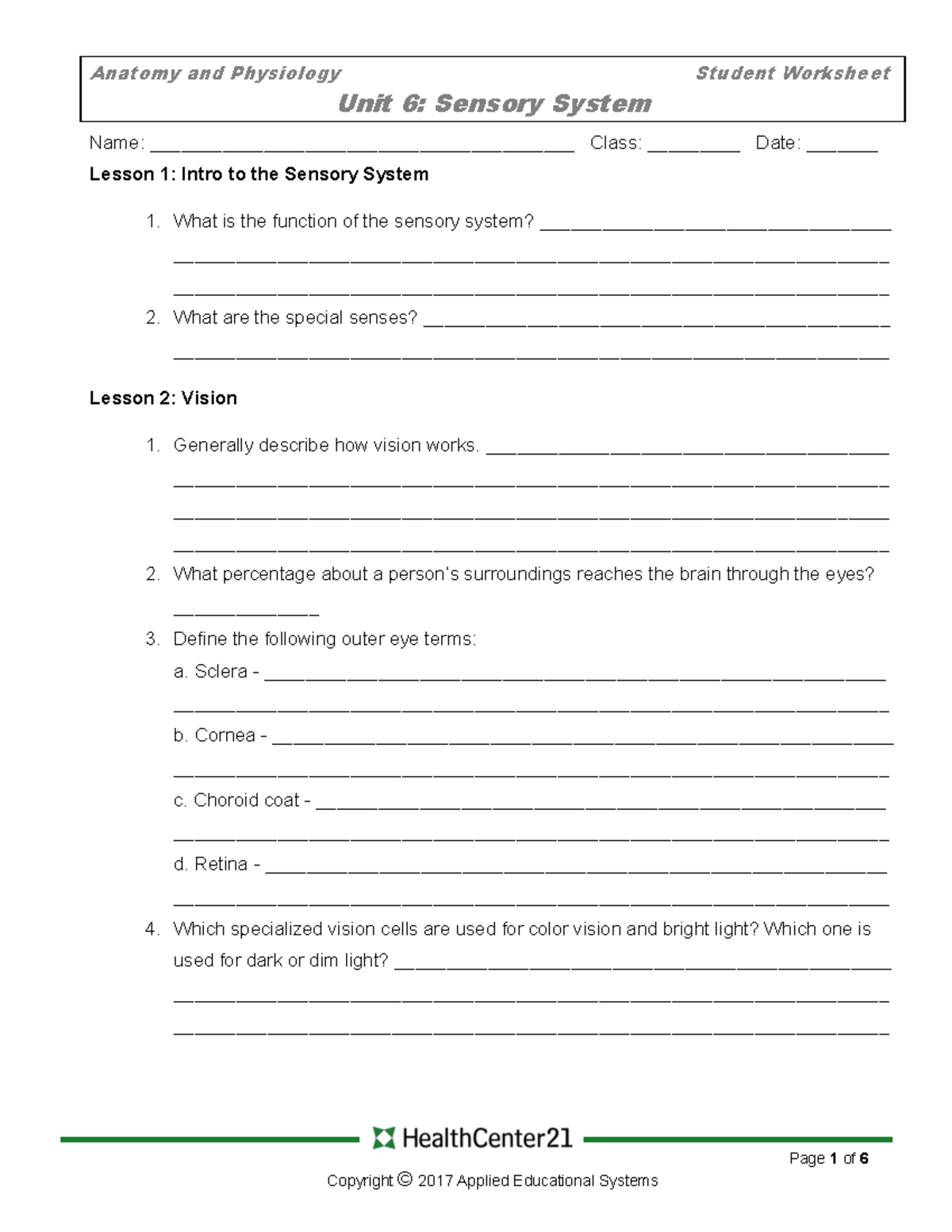 AES Sensory System Worksheet - Unit 6: Sensory System Name: - Studocu