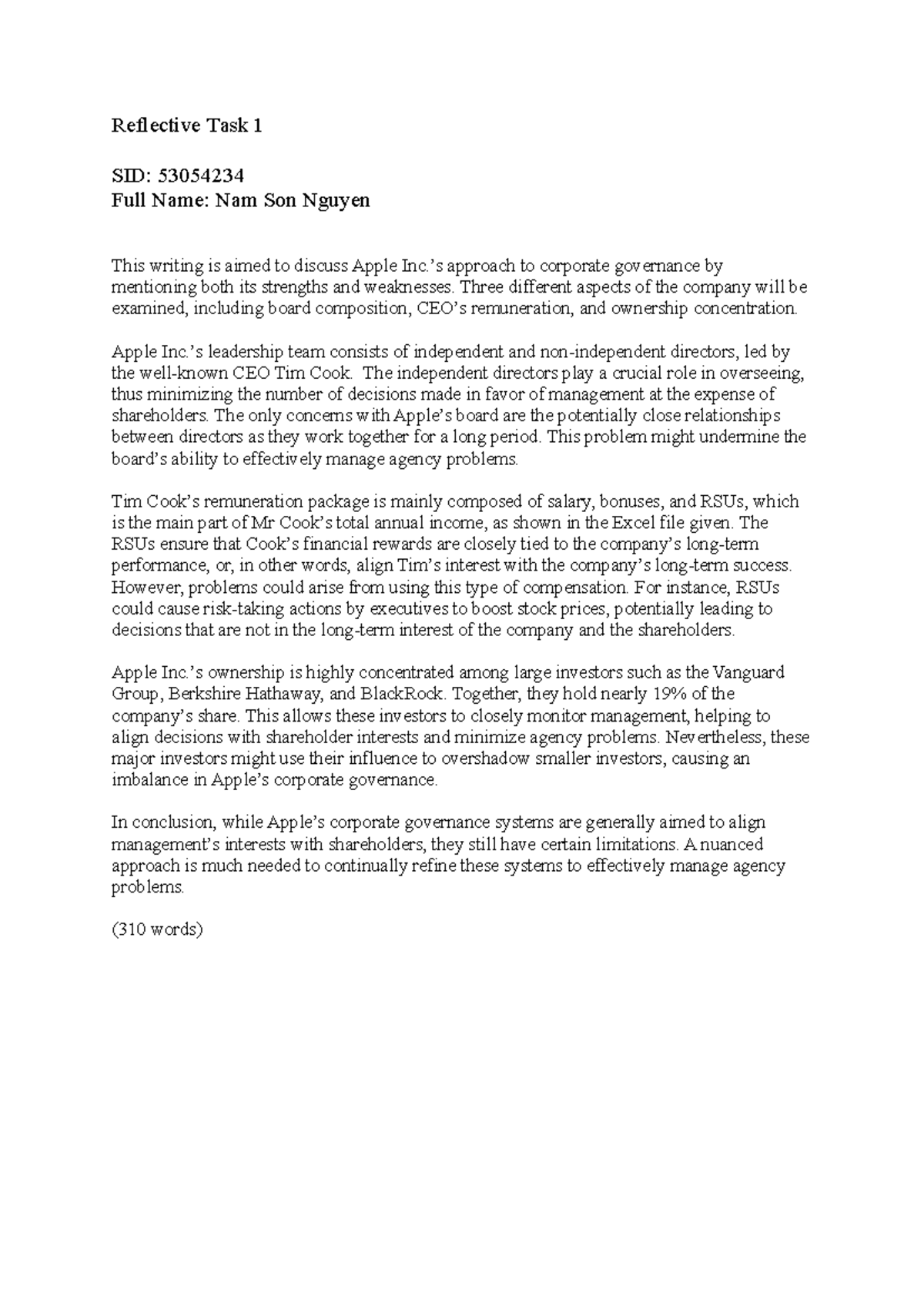 Reflective Task 1 - RF1 - Reflective Task 1 SID: 53054234 Full Name: Nam Son Nguyen This writing ...