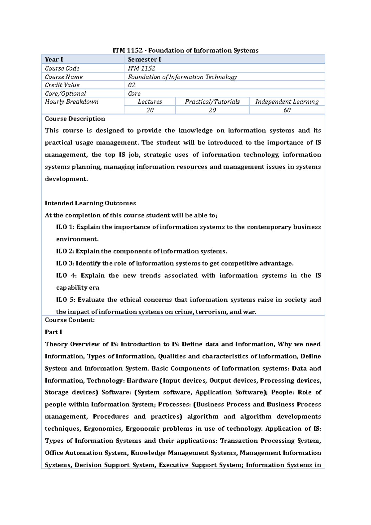 ITM 1152 - Out Line - ITM 1152 - Foundation of Information Systems Year ...