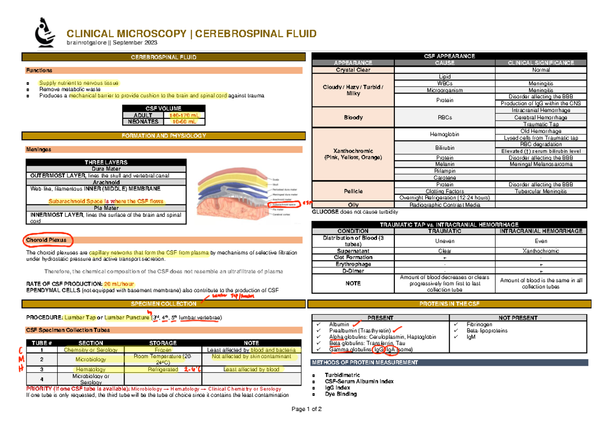 CSF - CSF Summary Notes - CLINICAL MICROSCOPY | CEREBROSPINAL FLUID ...