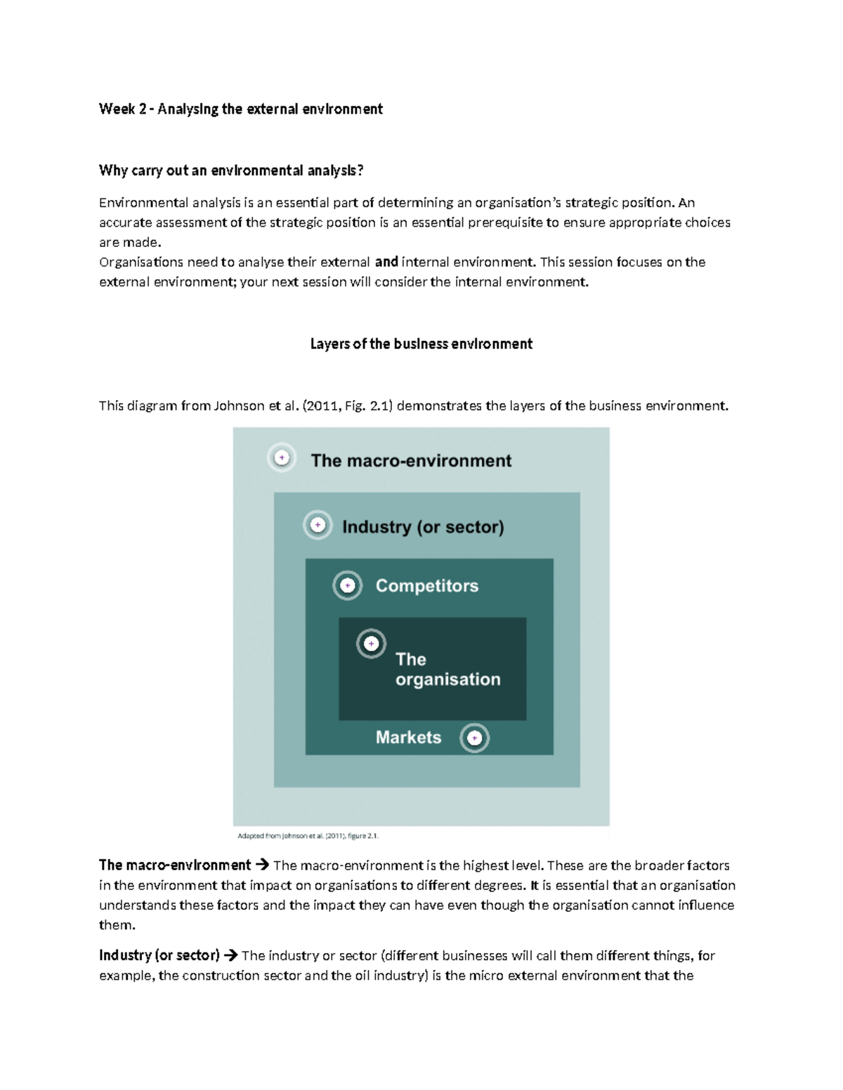Notes lecture 2 - Week 2 - Analysing the external environment Why carry ...