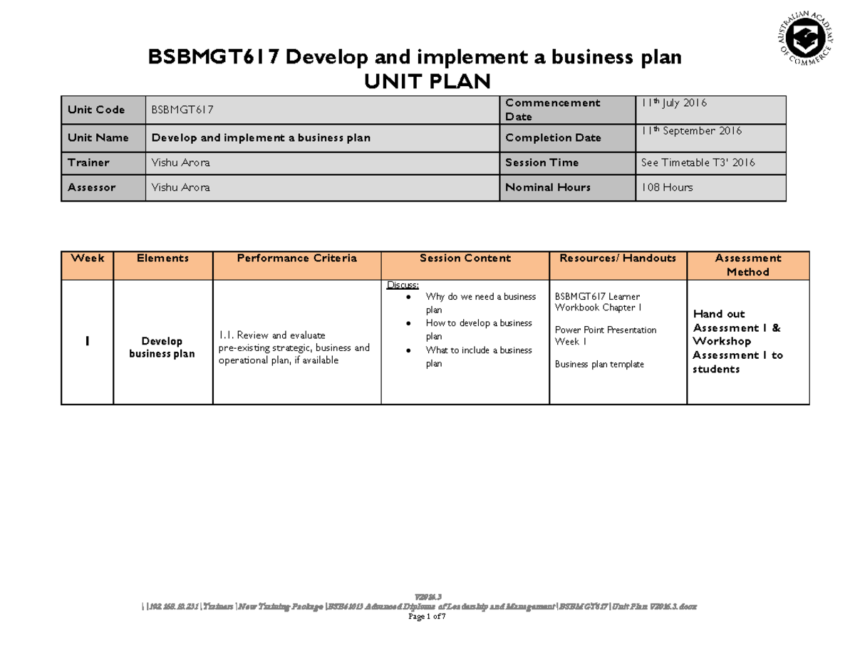 Unit Plan V2016 - BUSINESS - BSBMGT617 Develop and implement a business ...