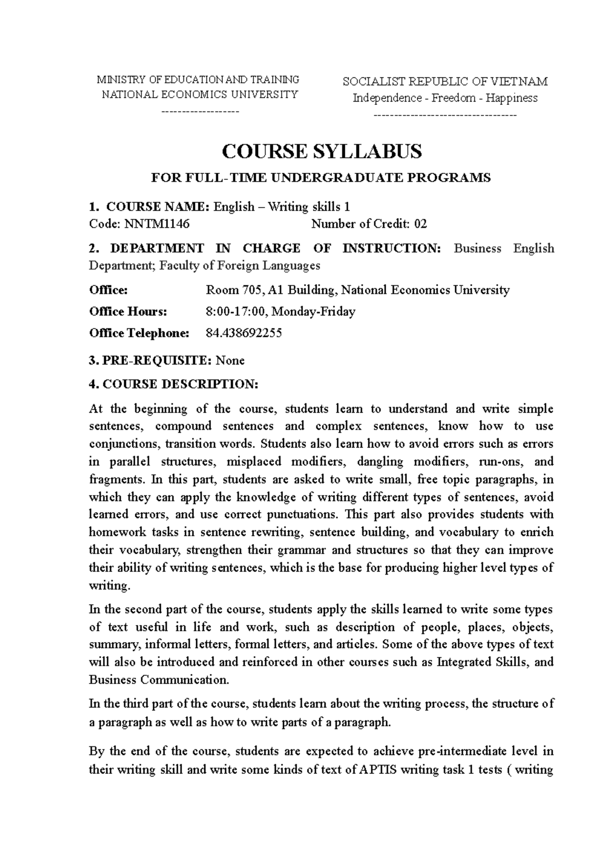 Writing 1 Syllabus TATM 2021 - MINISTRY OF EDUCATION AND TRAINING ...