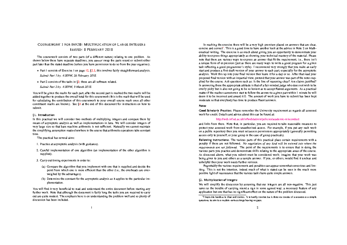 Inf2b-cw1-2018 - 1bnm.blkn;',;' - COURSEWORK 1 FORINF2B: MULTIPLICATION OFLARGEINTEGERS - Studocu