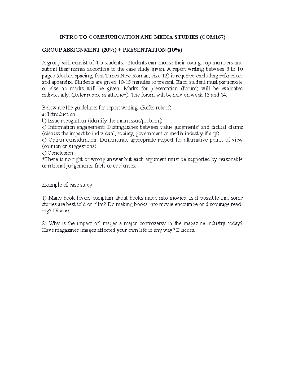 Group Assignment (Instruction and Rubric) COM167 - INTRO TO ...