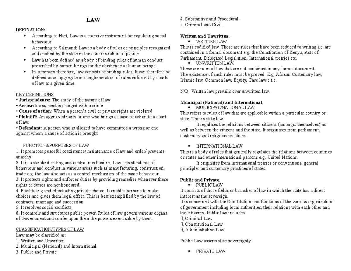 19188 - Notes - LAW DEFINATION: According to Hart, Law is a coercive ...