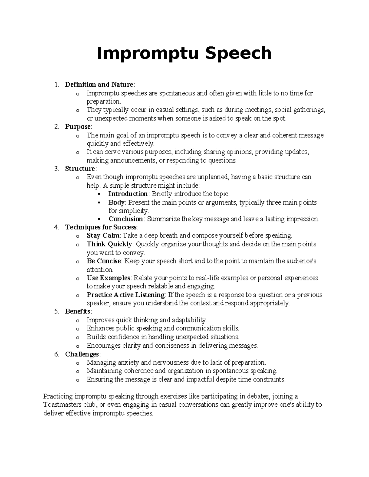 Impromptu Speech - Definition and Nature: o Impromptu speeches are spontaneous and often given ...