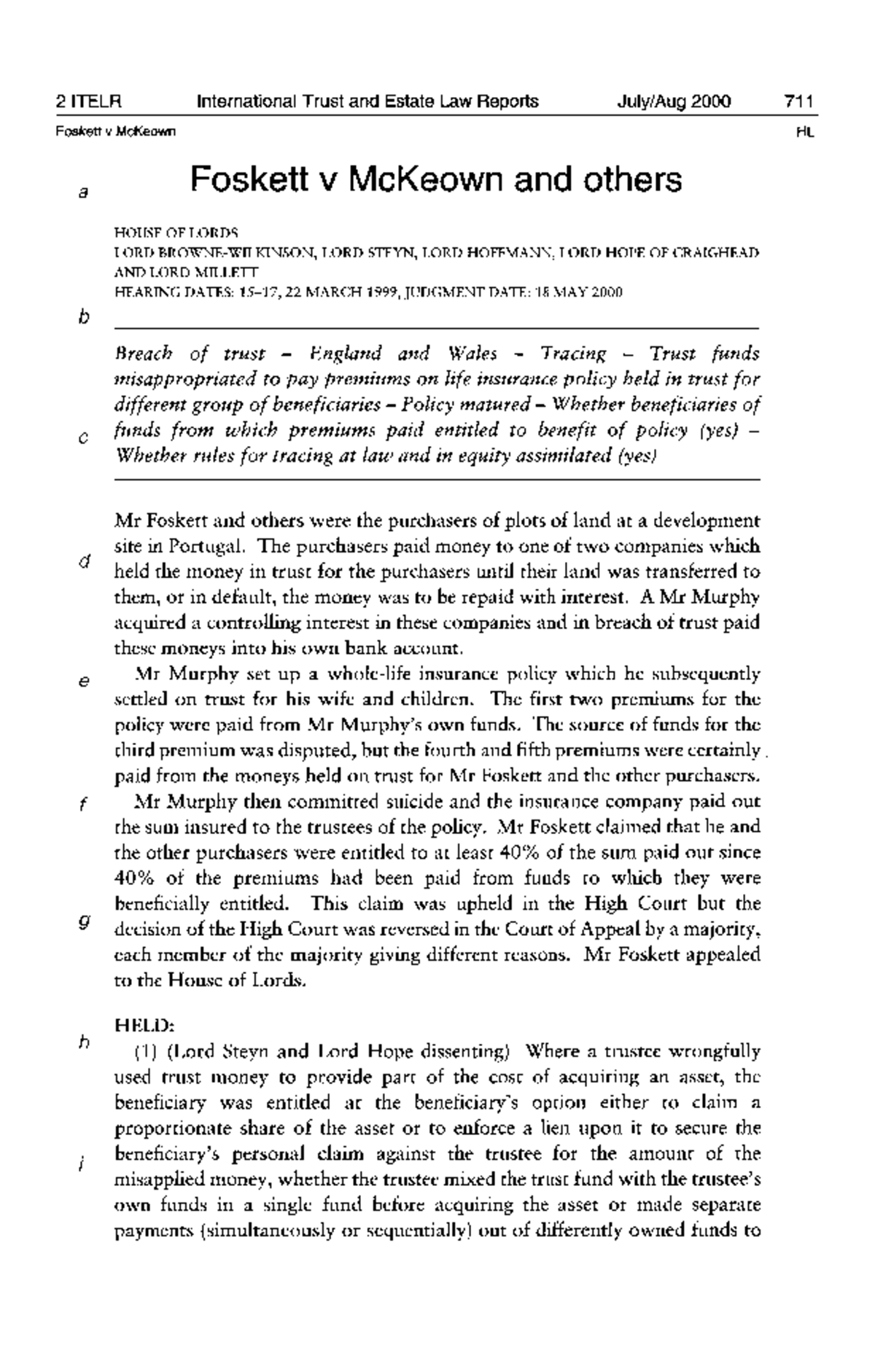 Foskett v Mc Keown - Equity and Trust I - Studocu