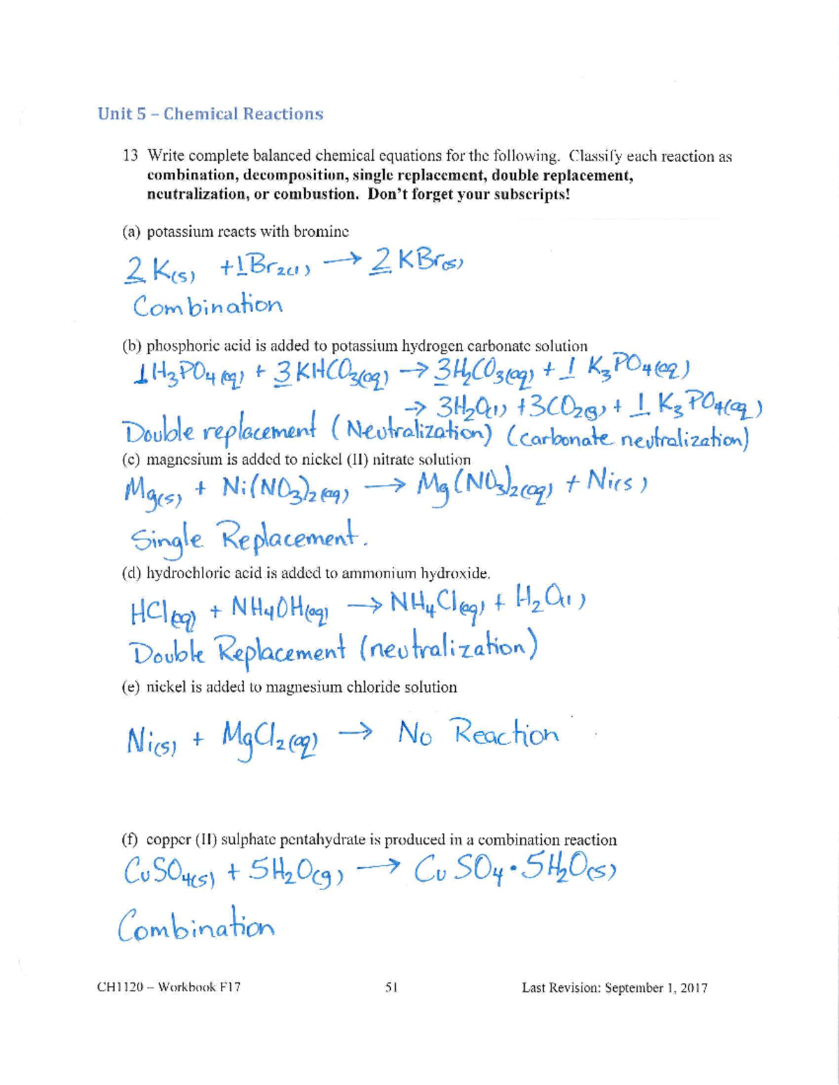 Workbook Unit 5 Chemical Reactions Answer Key CH1120 Studocu