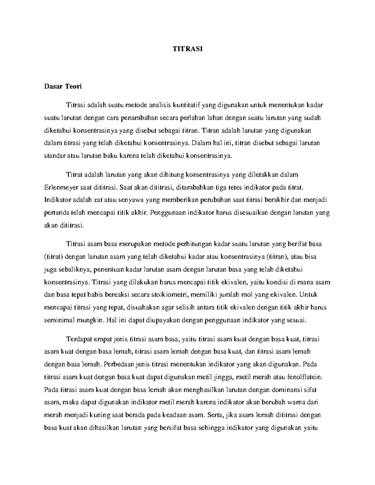 Titrasi - TITRASI Dasar Teori Titrasi adalah suatu metode analisis ...