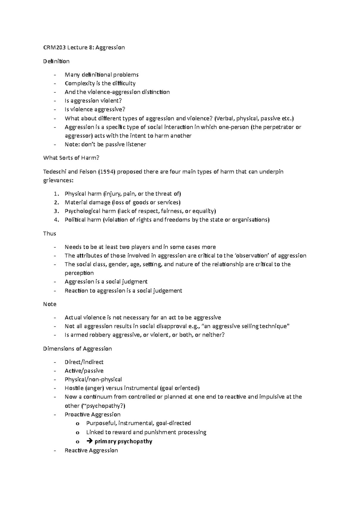 Lecture 8 - Aggression - CRM203 Lecture 8: Aggression Definition - Many definitional problems ...