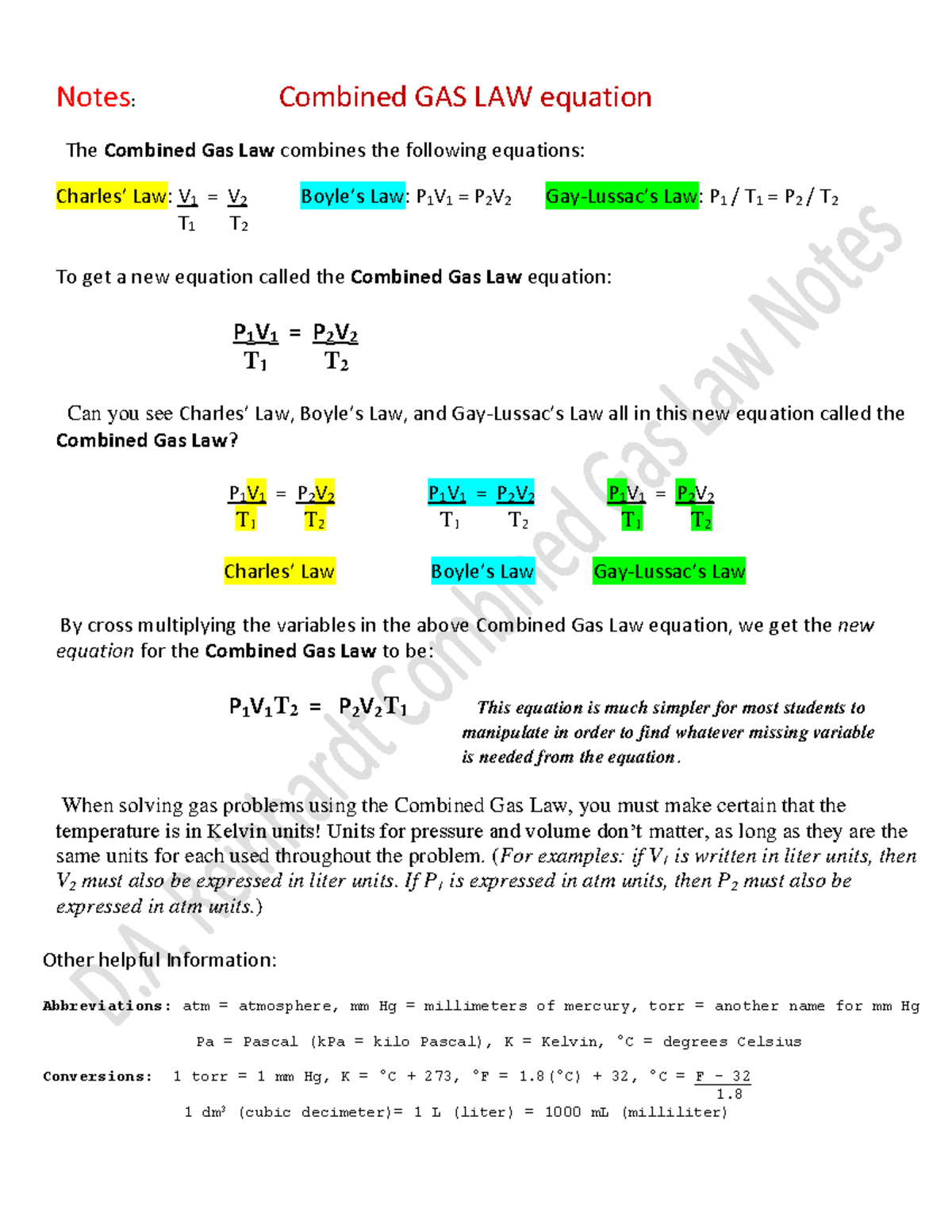 Combined Gas Law - When solving gas problems using the Combined Gas Law ...