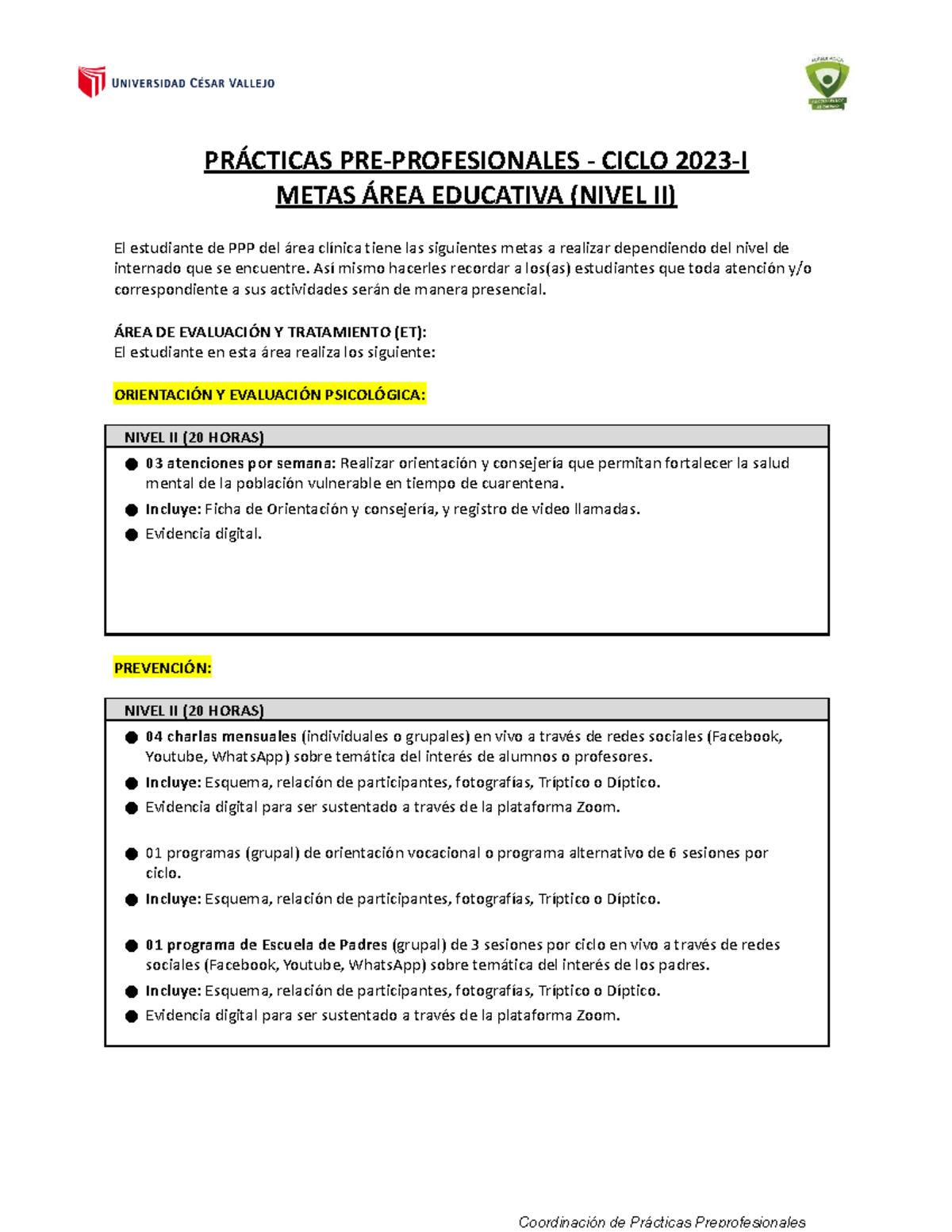 Metas Educativa Nivel II - PRÁCTICAS PRE-PROFESIONALES - CICLO 2023-I ...