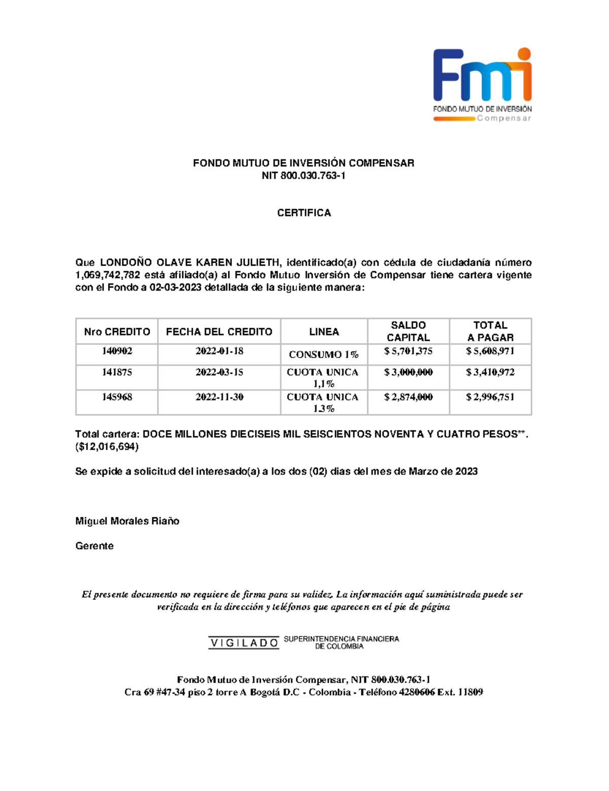 Certificado Fmicompensar - FONDO MUTUO DE INVERSIÓN COMPENSAR NIT 800. ...