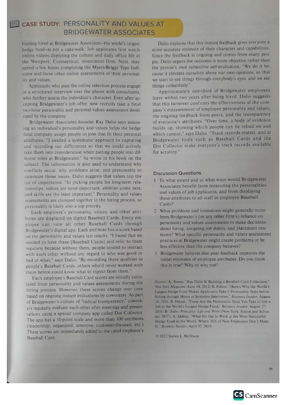 Chapter 2 Bridgewater - Case study - CASE STUDY: PERSONALITY AND VALUES ...