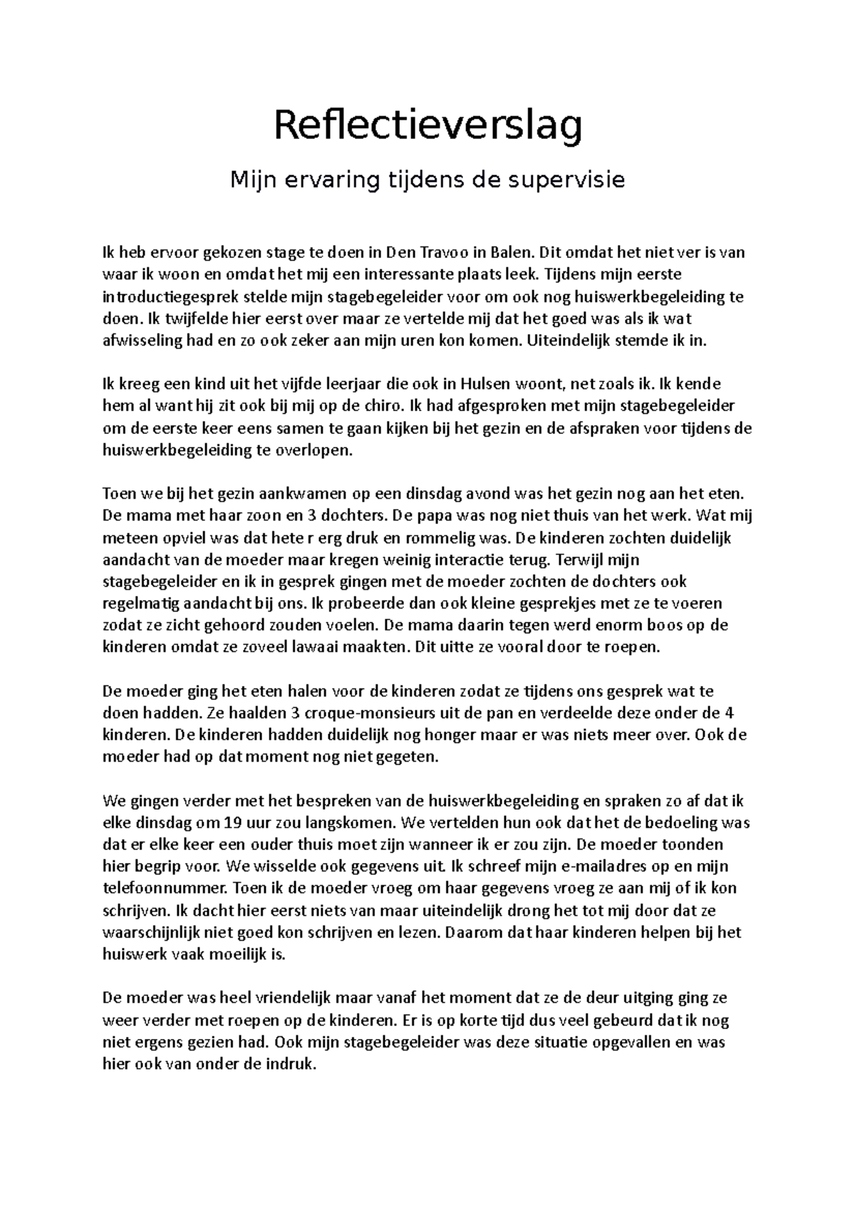 Reflectieverslag supervisie - Reflectieverslag Mijn ervaring tijdens de ...
