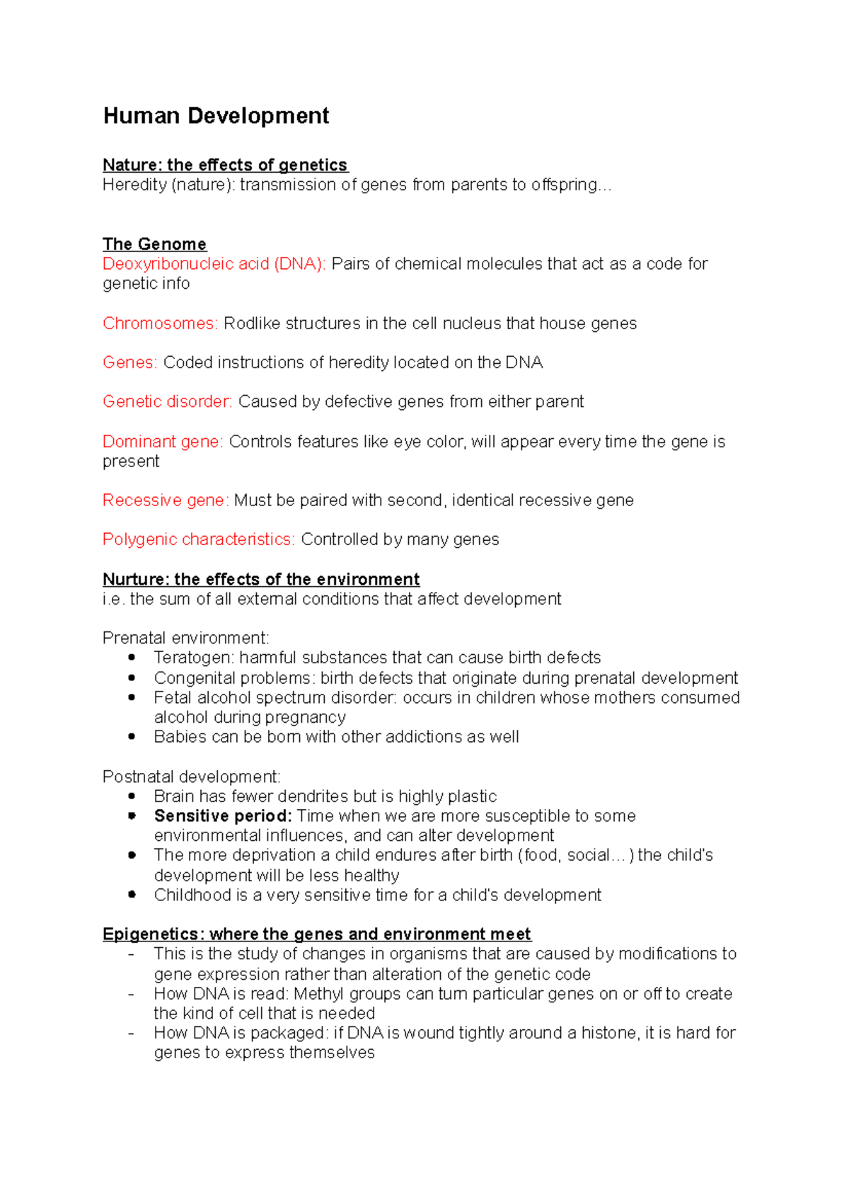 Human Development notes - Human Development Nature: the effects of ...