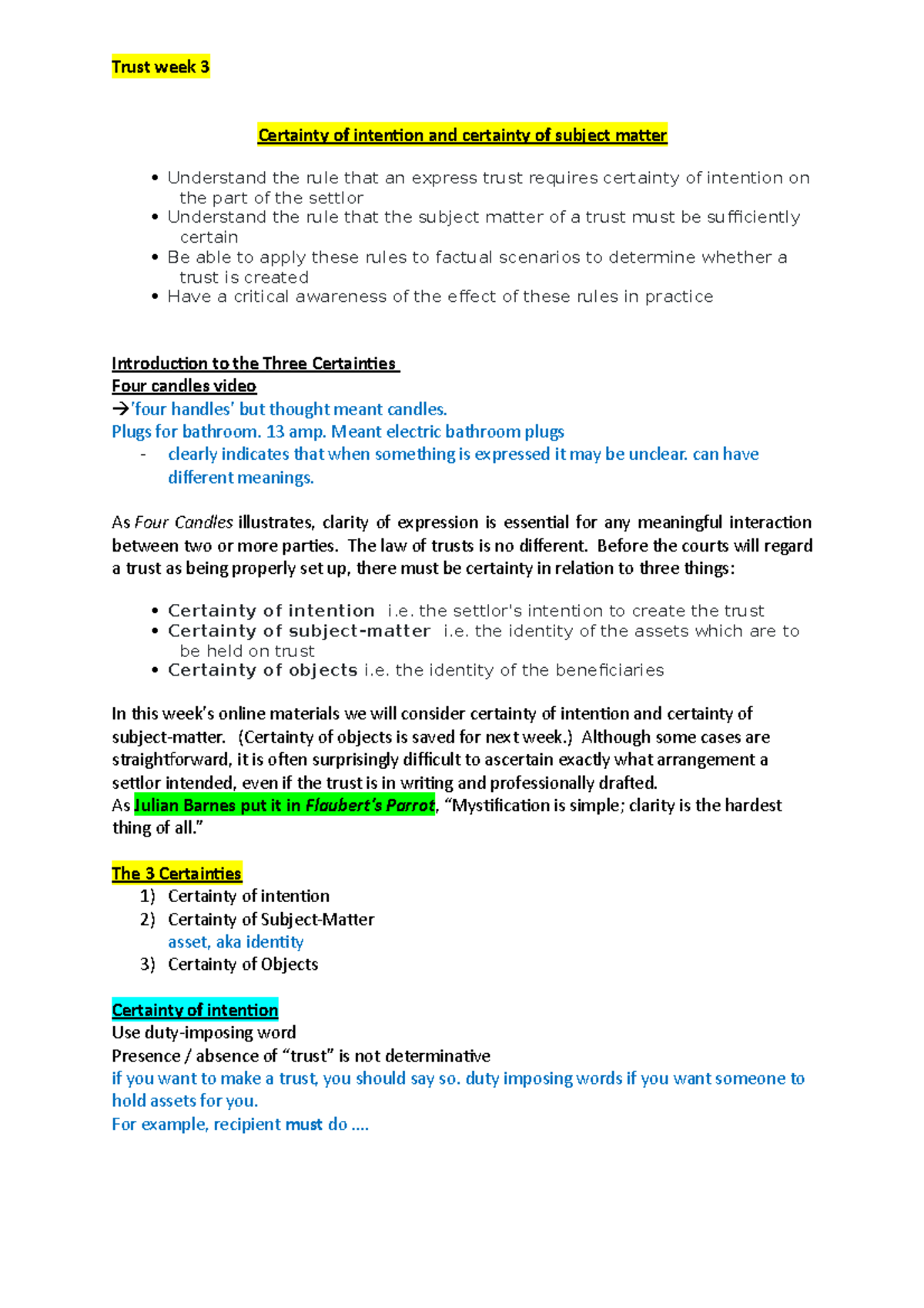 Trust week 3 - Certainty of intention and certainty of subject matter Understand the rule that ...