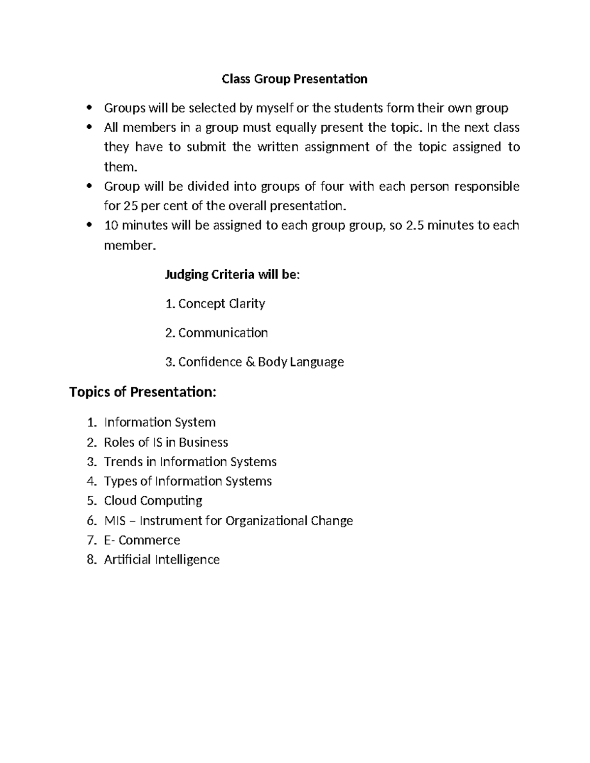 1.3 MIS Presentation Topic - Class Group Presentation Groups will be ...