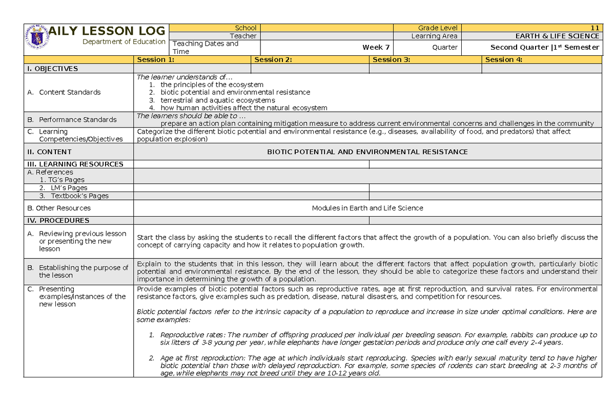 DLL ELS Quarter 2 WEEK 7 - none - DAILY LESSON LOG Department of ...