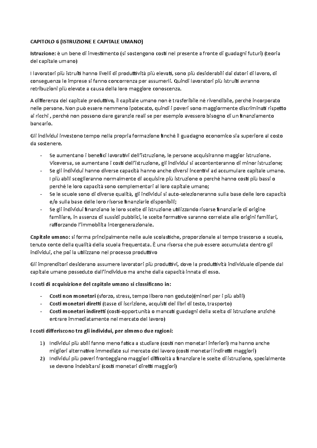 Economia del lavoro 2° parte - CAPITOLO 6 (ISTRUZIONE E CAPITALE UMANO ...