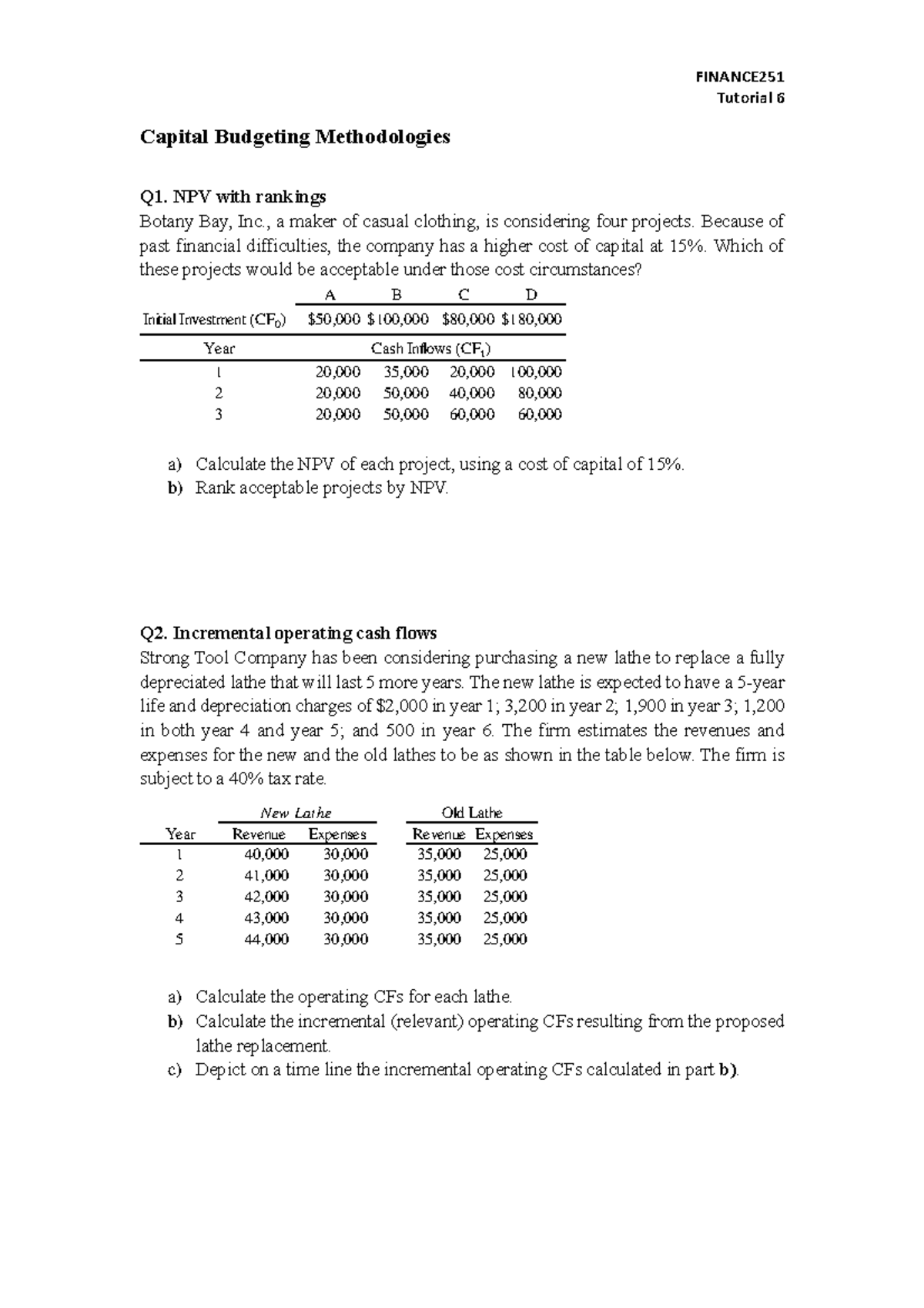 Tutorial 6 (Topic 5b Capital Budgeting Decisions - Methodologies ...