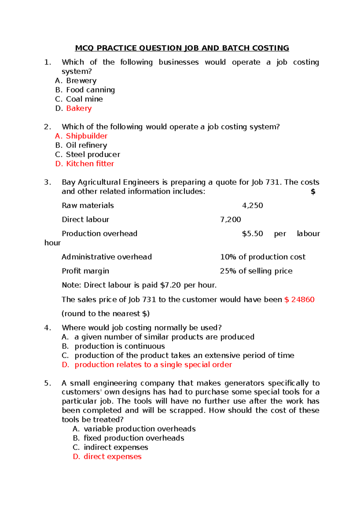 Answer MCQ Practice Question JOB AND Batch Costing - MCQ PRACTICE ...