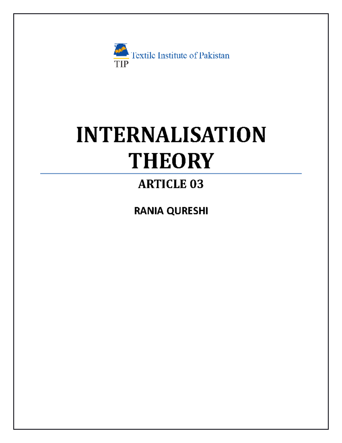 Internalisation theory - INTERNALISATION THEORY ARTICLE 03 RANIA ...