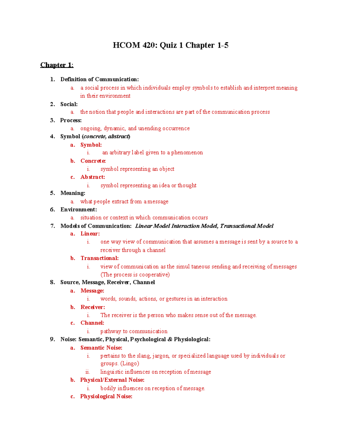 HCOM Study Guide Quiz #1 Ch 1-5 - HCOM 420: Quiz 1 Chapter 1- Chapter 1 ...