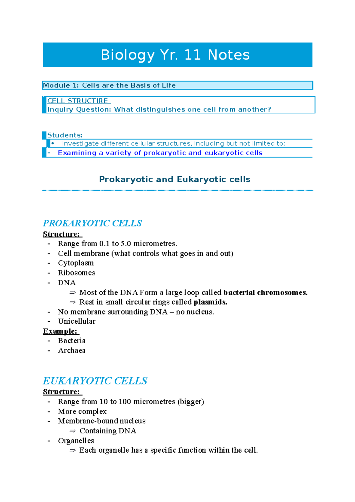 Biology Yr - 11 Notes Module 1: Cells are the Basis of Life CELL ...