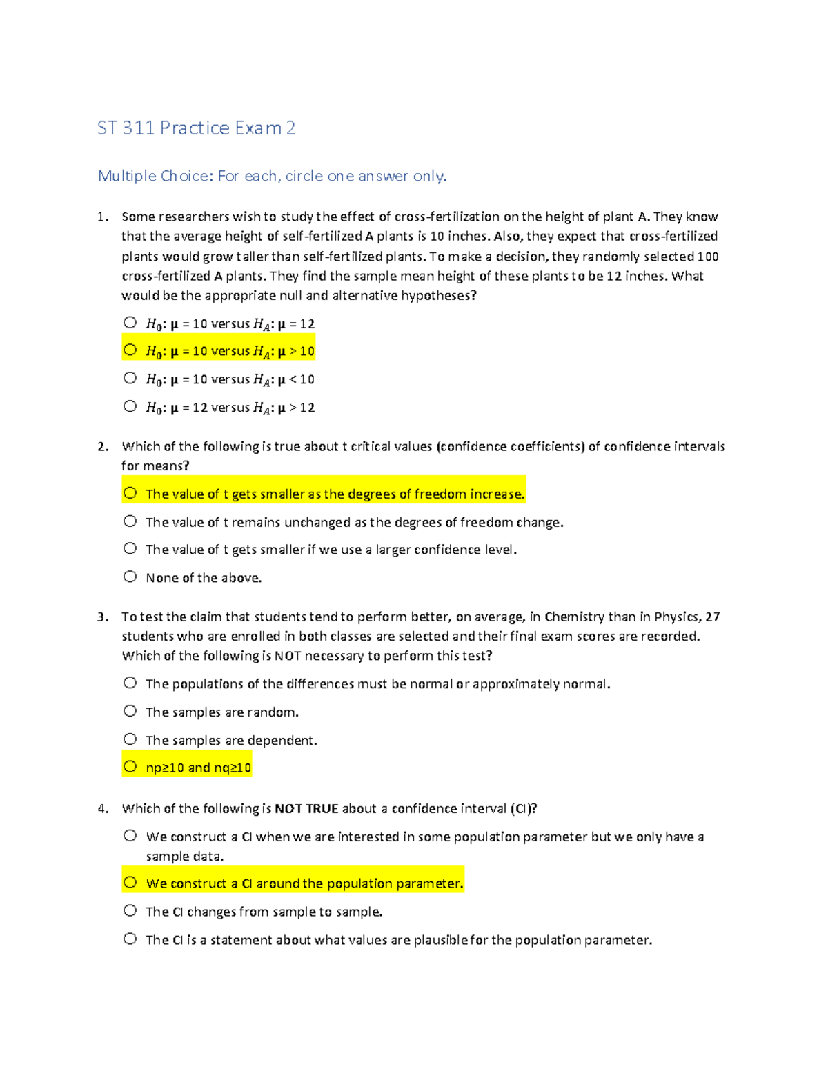 ST 311 Practice Exam 2 - KEY - ST 311 Practice Exam 2 Multiple Choice ...