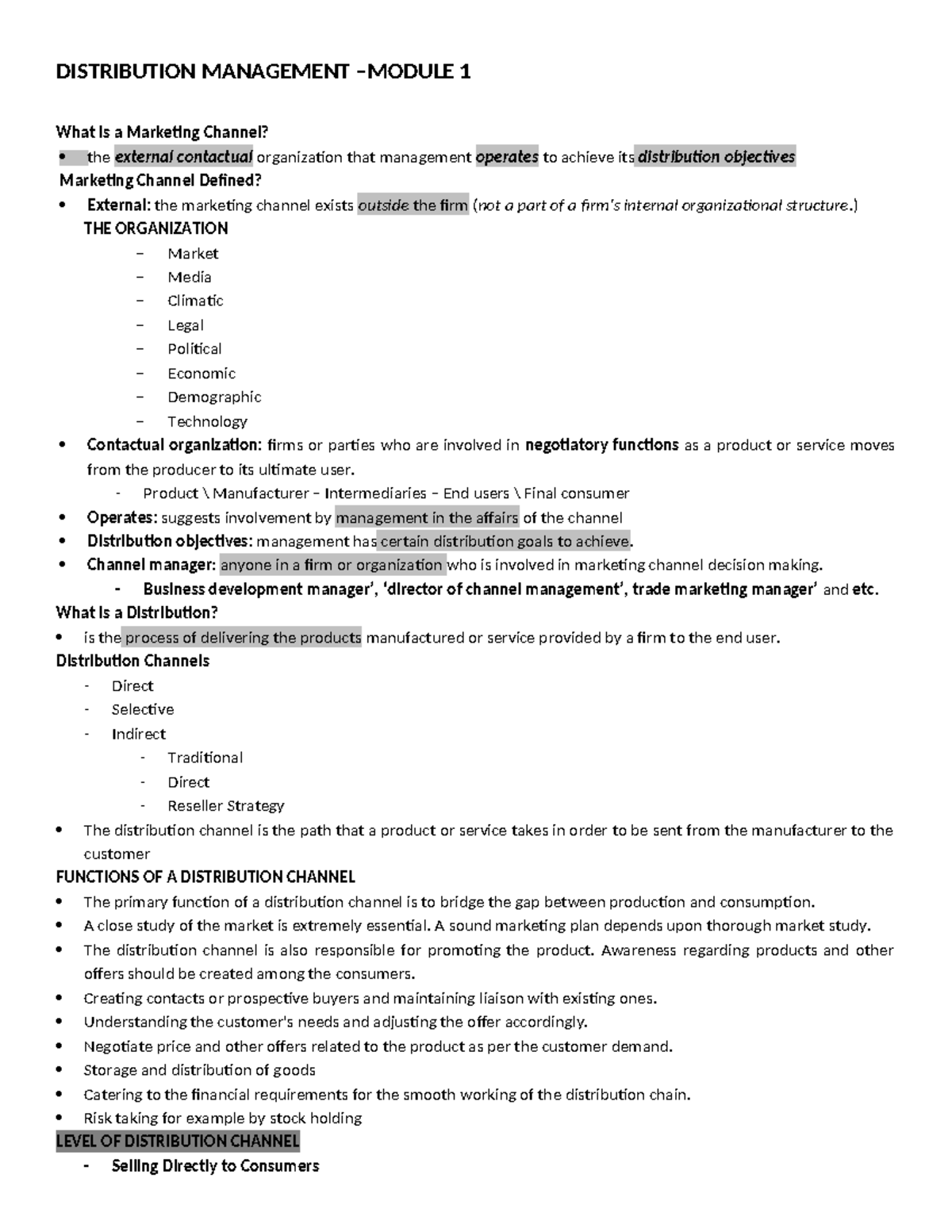 Distribution- Management - DISTRIBUTION MANAGEMENT –MODULE 1 What is a Marketing Channel? the ...