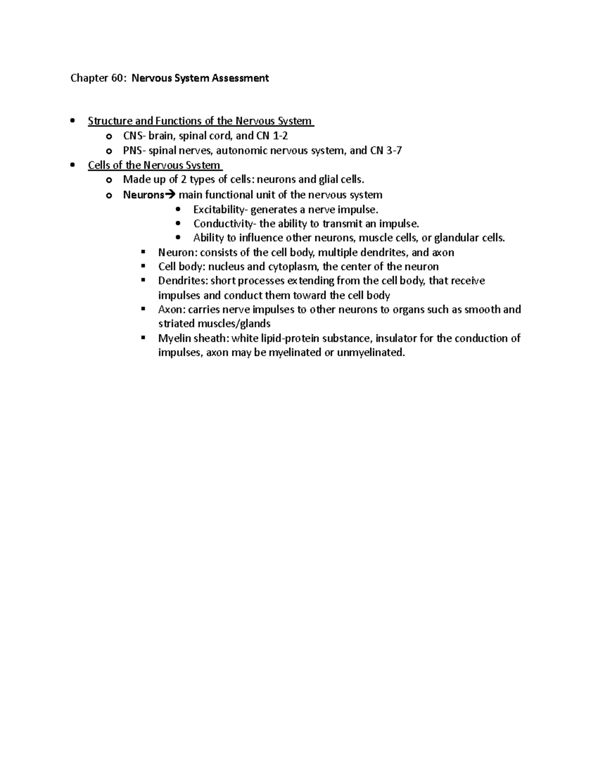 Nervous System Assessment - o Neurons main functional unit of the ...
