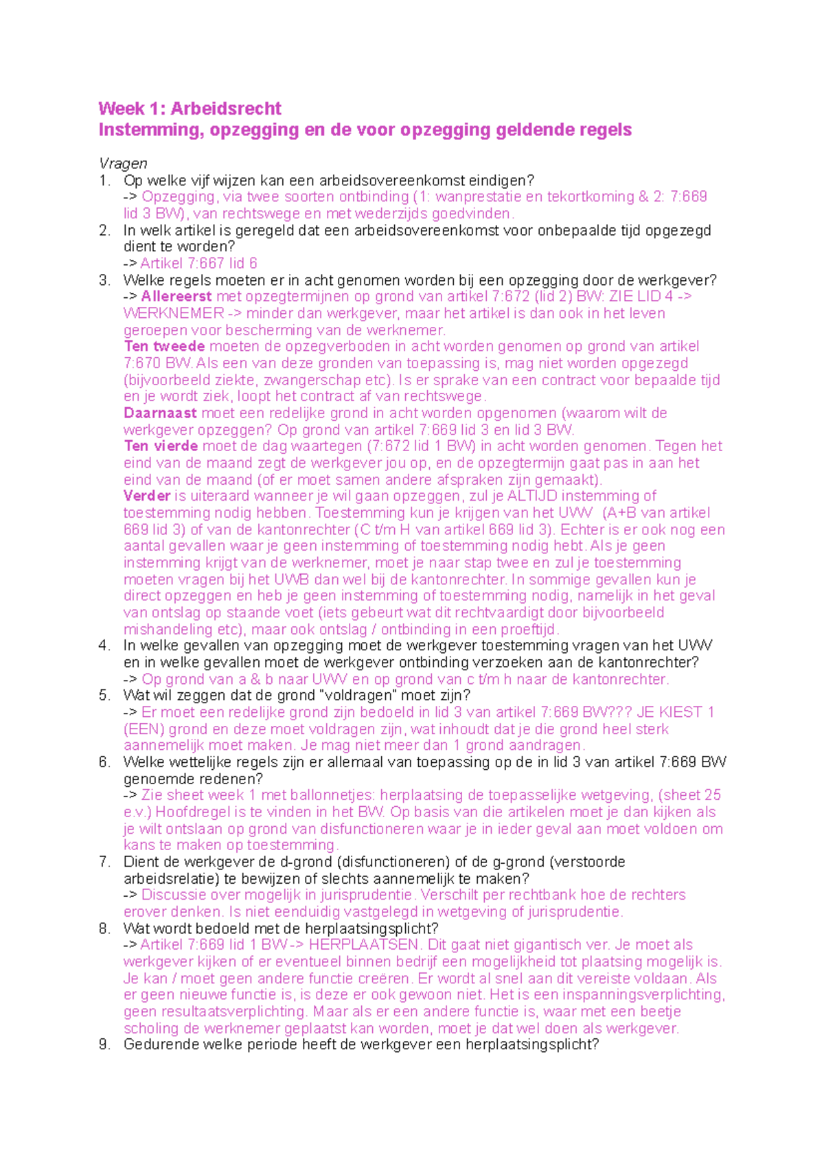Opdrachten werkcollege arbeids - Week 1: Arbeidsrecht Instemming ...